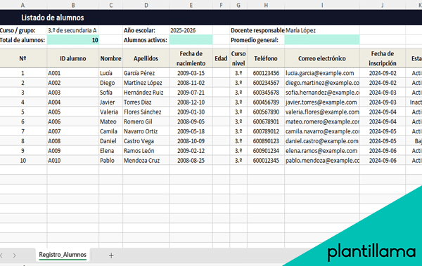 Plantilla LISTA de ESTUDIANTES Descargar Excel Gratis